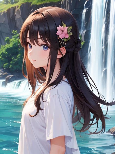 Premium Photo Beautiful Anime Girl Next To The Waterfall For Mobile