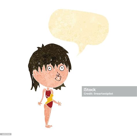 말풍선이 있는 여성 수영복 말풍선을 있고 어깨를 으쓱하는 2015년에 대한 스톡 벡터 아트 및 기타 이미지 2015년 귀여운 그리기 Istock
