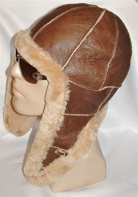 Handmade Mens Sheepskin Bomber Aviator Pilot Fur Hat Real Leather Size