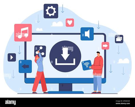Download Button On Computer Screen And People Transferring Files Stock