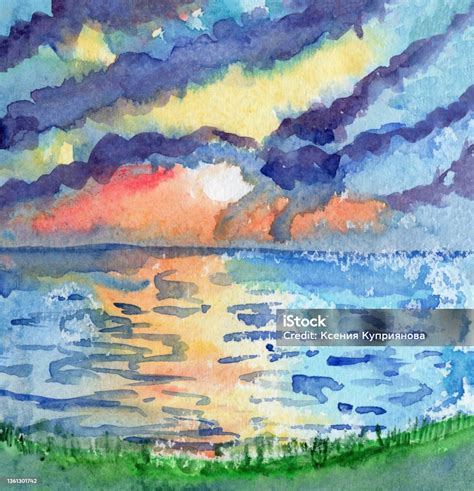 손으로 그린 바다 스케이프 수채화 스케치 녹색 유리와 풍경 바다 또는 바다 여름 파란색 빨간색 및 노란색 태양이 하늘을 설정합니다 자연과 생태학 엽서 포스터 인쇄물 및 소셜