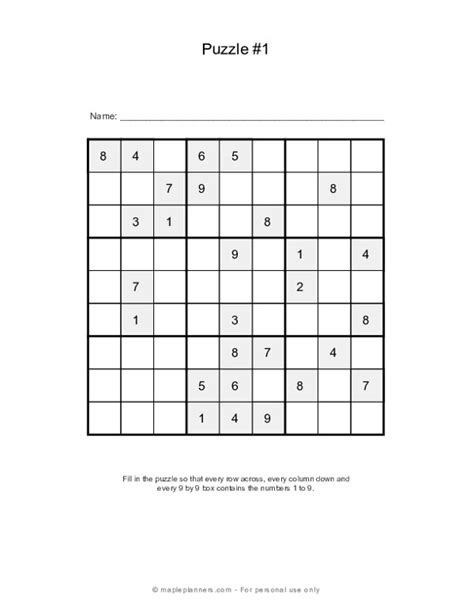 Free Printable Sudoku Puzzles 9x9