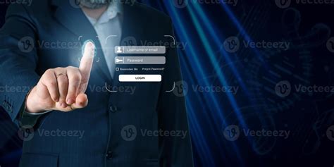 Businessman Hand And Infographic Finger Touching Screen To Login