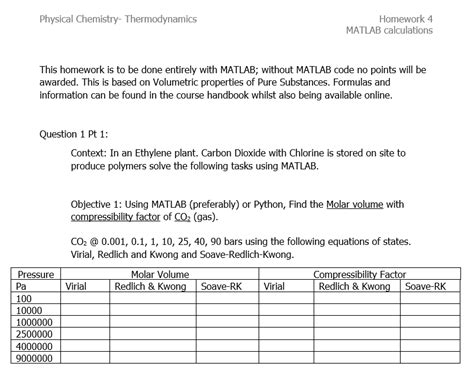 Physical Chemistry Thermodynamics Homework 4 Matlab