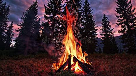 Campfire In Forest During Sunset Warm Glow And Scenic Trees Outdoor Adventure And Nature