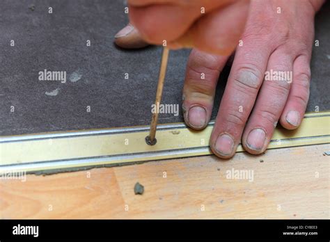 Man Construction Worker Is Tiling At Home Tile Floor Adhesive Screwdriver Stock Photo Alamy