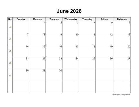 Blank June 2026 Calendar Printable Plan Your Summer — Anna Printable