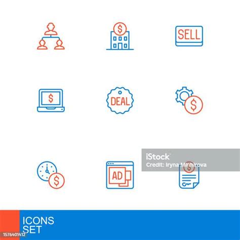 라인 계약 금액 광고 시간 달러 기호가 있는 기어 노트북 거래 판매 버튼 및 은행 건물 아이콘을 설정합니다 벡터 개념에 대한 스톡 벡터 아트 및 기타 이미지 Istock
