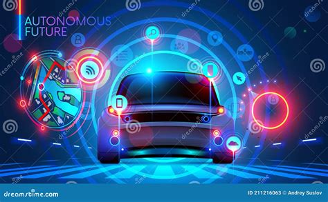 Driverless Vehicle Autonomous Electric Car Driving With Two Satellites On Black Background