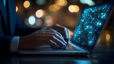 Businessman Typing On Laptop With Glowing Digital Data Visualization On Screen In A Dark