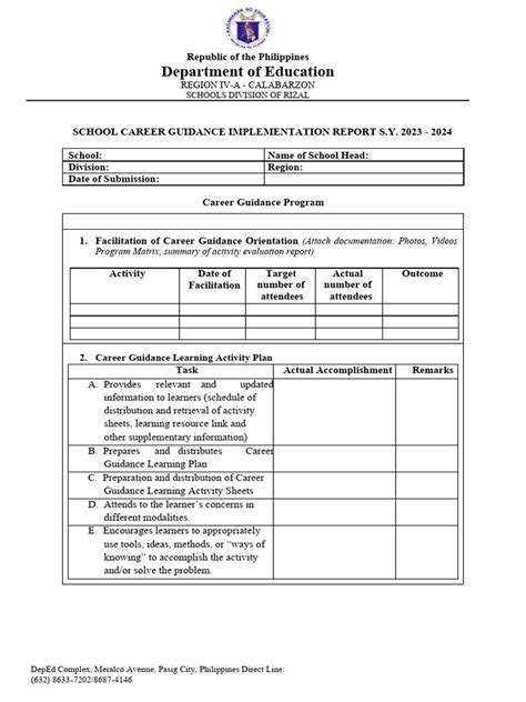 Template School Career Guidance Implementation Report Pdf Learning