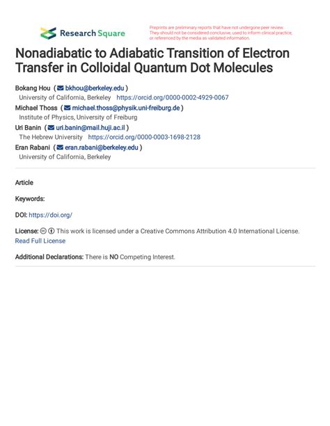 Pdf Nonadiabatic To Adiabatic Transition Of Electron Transfer In Colloidal Quantum Dot Molecules