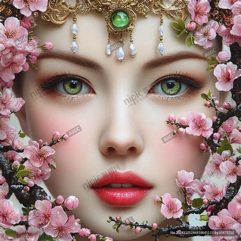 Ai创作图桃花美人插画 桃花美人图 桃花与女子 五彩阳光桃花女子 桃花美女仕女图 桃花仙子花神插画 桃花夫人 写实人物插画 写实美女 美女与桃花 优美桃花造型 彩妆人物欣赏 桃花天顶画 春季