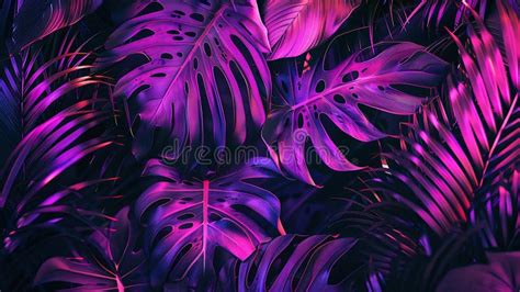 Generative Ai Neon Vibe Floral Background Purple Dark Palm Tree Leaves