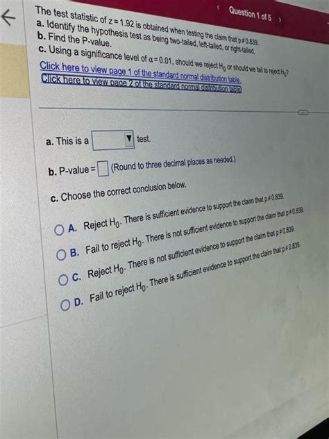 Solved The Test Statistic Of Z192 Is Obtained When Testing