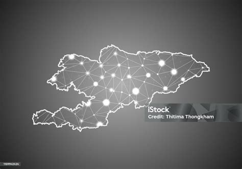 키르기스스탄지도의 벡터 와이어 프레임 메쉬 다각형 전역 연결 구조를 추상화합니다 선과 점으로 연결된 지도 기하학적 세계 개념입니다 디지털 데이터 시각화 인포그래픽 0명에