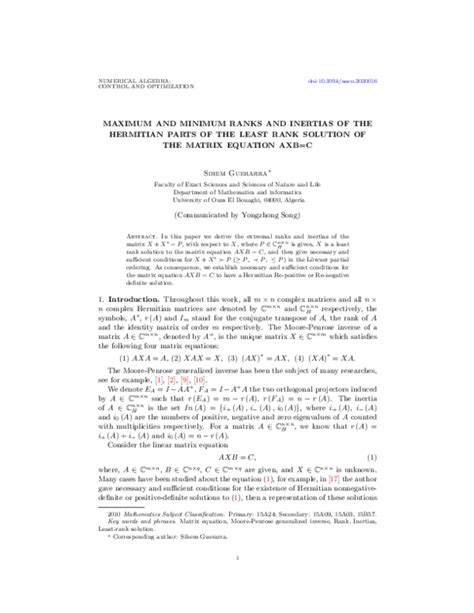 Pdf Maximum And Minimum Ranks And Inertias Of The Hermitian Parts Of The Least Rank Solution