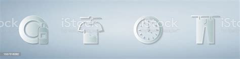 식기 세척 병과 접시 옷 건조 시계 및 종이 아트 스타일 벡터 3차원 형태에 대한 스톡 벡터 아트 및 기타 이미지 3차원 형태 가사 집안일 가정 생활 Istock