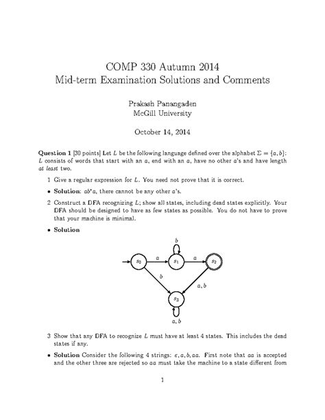 Comp330 Theory Of Computation Midterm With Solutions Comp 330 Autumn 2014 Mid Term Examination