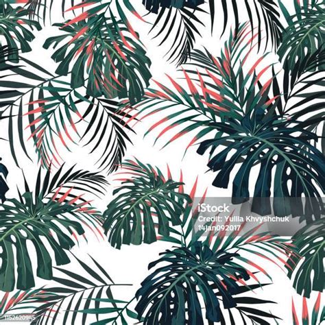 벡터 원활한 트로피컬 패턴 팜 몬스 테라 잎과 함께 생생한 트로픽 단풍 현대 밝은 여름 인쇄 디자인입니다 흰색 배경입니다 빈티지
