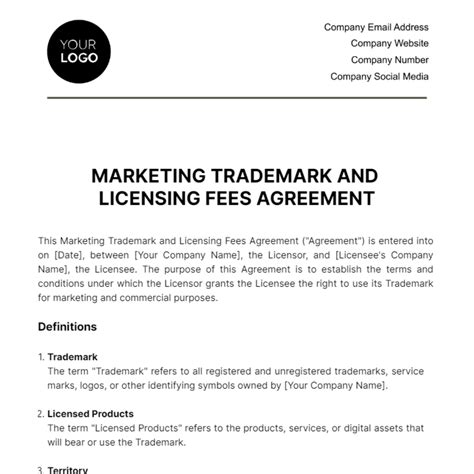 Free Marketing Trademark And Licensing Fees Agreement Template To Edit