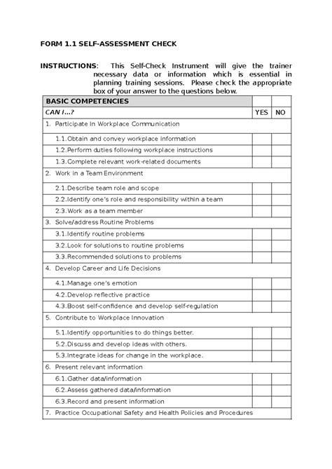 BPP NCII Self Assessment Checklist FORM 1 SELF ASSESSMENT CHECK
