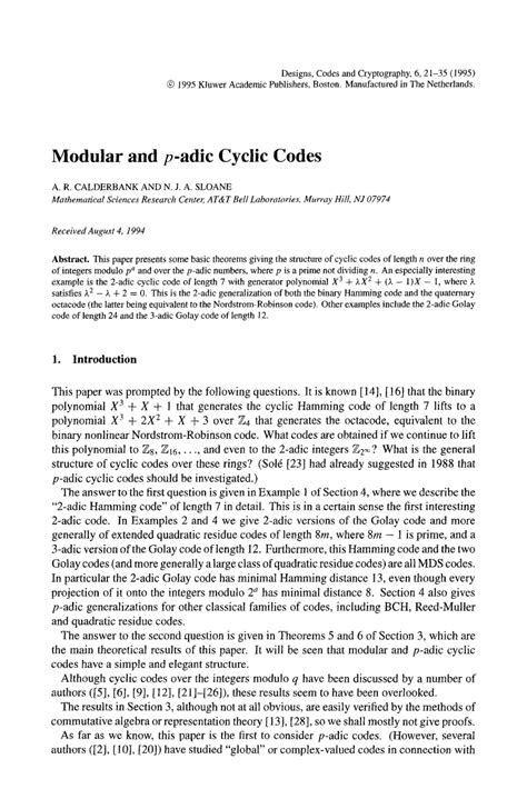 Pdf Modular And P Adic Cyclic Codes