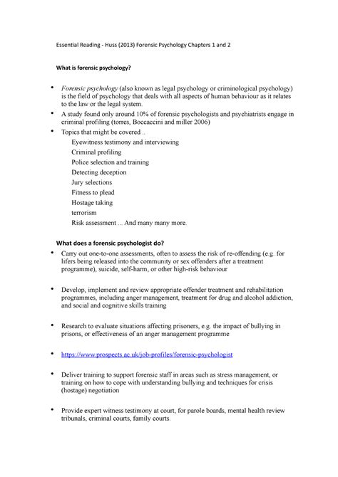 Forensic Lecture Notes Essential Reading Huss 2013 Forensic Psychology Chapters 1 And 2