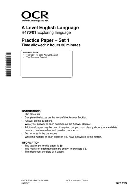 Ocr A Level English Language H47001 Exploring Language Practice Paper