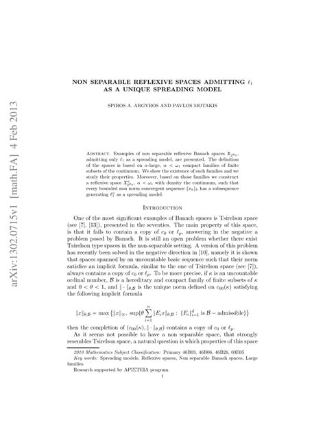 Pdf Non Separable Reflexive Spaces Admitting Ell1 As A Unique Spreading Model