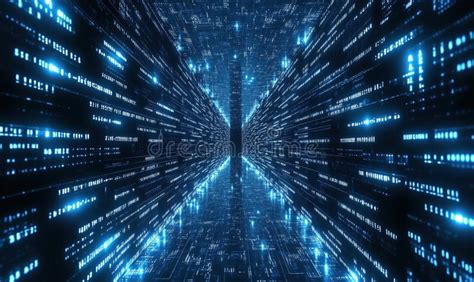Futuristic Digital Tunnel Glowing Blue Data Streams Binary Code Stock