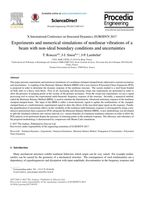 Pdf Experiments And Numerical Simulations Of Nonlinear Vibrations Of A Beam With Non Ideal