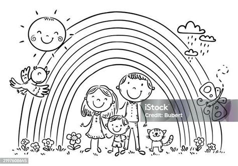 ครอบครัวการ์ตูนที่มีความสุขภายใต้สายรุ้ง ภาพประกอบขาวดําหน้าสีสําหรับเด็ก ภาพประกอบสต็อก ดาวน์