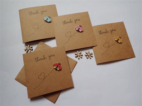 Pack Of 4 Ladybird Button Thank You Cards Handmade Insect Thank You Notelets Button Thank You