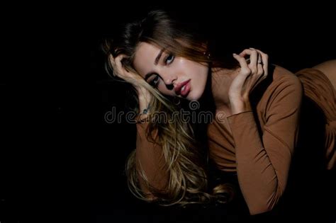 Sensual Woman Nice Fit Slim Attractive Tender Sweet Romantic Girl Lying On Black Bad Stock