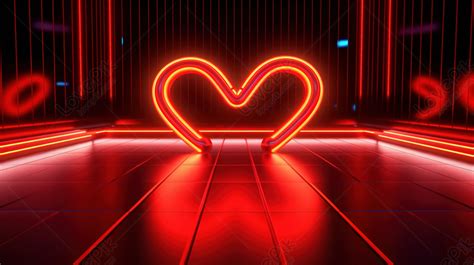 발렌타인 데이 빨간 바닥에 반사되는 네온 불빛에 얽힌 하트의 매혹적인 3d 일러스트레이션 발렌타인 데이 배경 불빛 배경 사랑의 화살 배경 이미지 Hd 발렌타인 데이