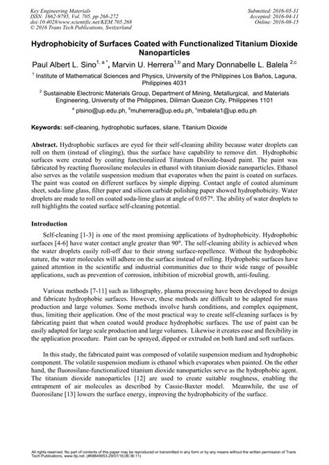 Pdf Hydrophobicity Of Surfaces Coated With Functionalized Titanium Dioxide Nanoparticles