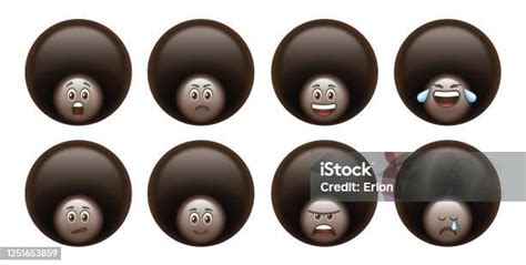 분노 슬픔 기쁨과 재미의 표현을 보여주는 아프리카 계 미국인 이모티콘 아이콘에 대한 스톡 벡터 아트 및 기타 이미지 아이콘 아프로 머리 0명 Istock
