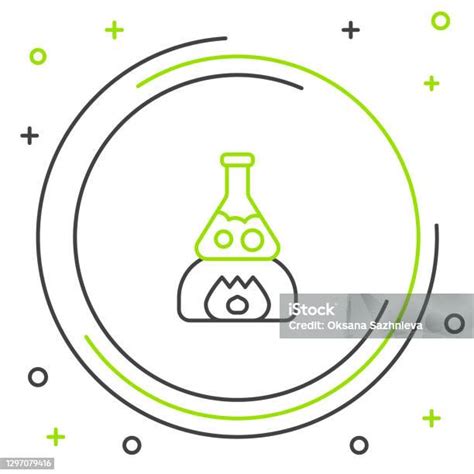 흰색 배경에 격리 된 화재 히터 실험 아이콘에 라인 유리 테스트 튜브 플라스크 실험실 장비 다채로운 개요 개념 벡터 가열장치에