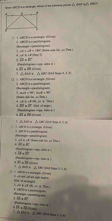 Solved Given Abcd Is A Rectangle Which Of The Following Proves Ead≌ Ebc 1 Abcd Is A Rec [math]