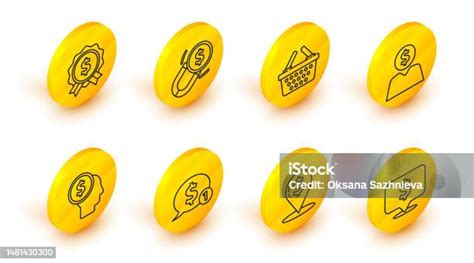 달러 현금 위치 핀 비즈니스 남자 계획 마음 쇼핑 바구니 자석 돈 및 가격표 아이콘으로 라인 연설 거품을 설정합니다 벡터 3차원