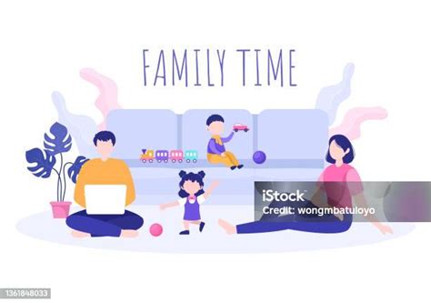 즐거운 부모와 아이들의 가족 시간은 포스터 또는 배경에 대한 만화 평면 일러스트에서 다양한 편안한 활동을하고 집에서 함께 시간을 보내고 가족에 대한 스톡 벡터 아트 및 기타