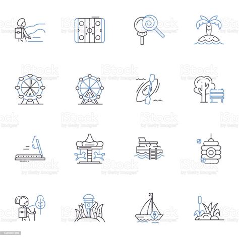 야외 시즌 및 게임 라인 아이콘 컬렉션입니다 피크닉 바비큐 캠핑 하이킹 낚시 보트 타기 카약 벡터 및 선형 그림 카누 서핑 스케이트 보드 개요 표지판 세트 콩주머니 던지기에
