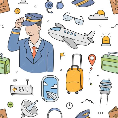 Premium Vector Pilot And Airport Doodle Hand Drawn Sealmess Pattern