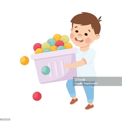 장난감 공으로 가득 찬 상자를 들고 놀이방에서 재미있는 벡터 일러스트레이션을 하는 행복한 소년 가득 찬에 대한 스톡 벡터 아트 및 기타 이미지 Istock