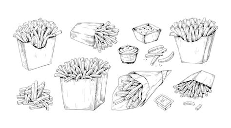 손으로 그린 감자 튀김 패스트 푸드 메뉴 골판지 상자에 감자와 소스가 들어 있는 종이 봉지 튀긴 식사 딥 조각 스케치 요소