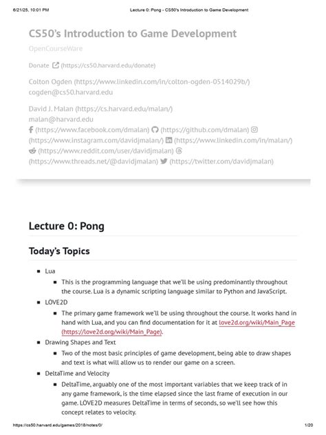 Lecture 0 Pong Cs50 Game Development Pdf Class Computer