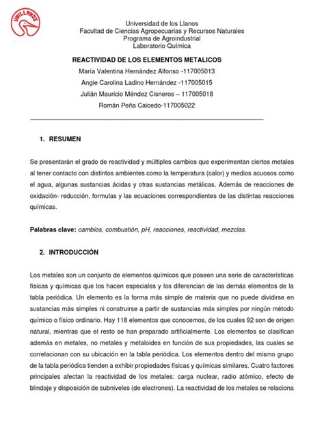 Practica 6 Reactividad De Los Elementos Metalicos Pdf Redox Rieles