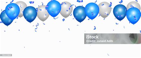 블루 컬러 풍선 배경과 축하 파티 배너입니다 투명 배경에 파란색과 흰색 풍선 벡터 그림입니다 검은색에 대한 스톡 벡터 아트 및 기타 이미지 Istock