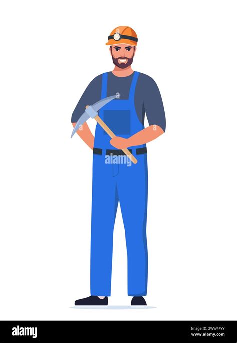 Miner Man Character Coal Or Minerals Mining Worker In Uniform With Pickaxe Stands Tall